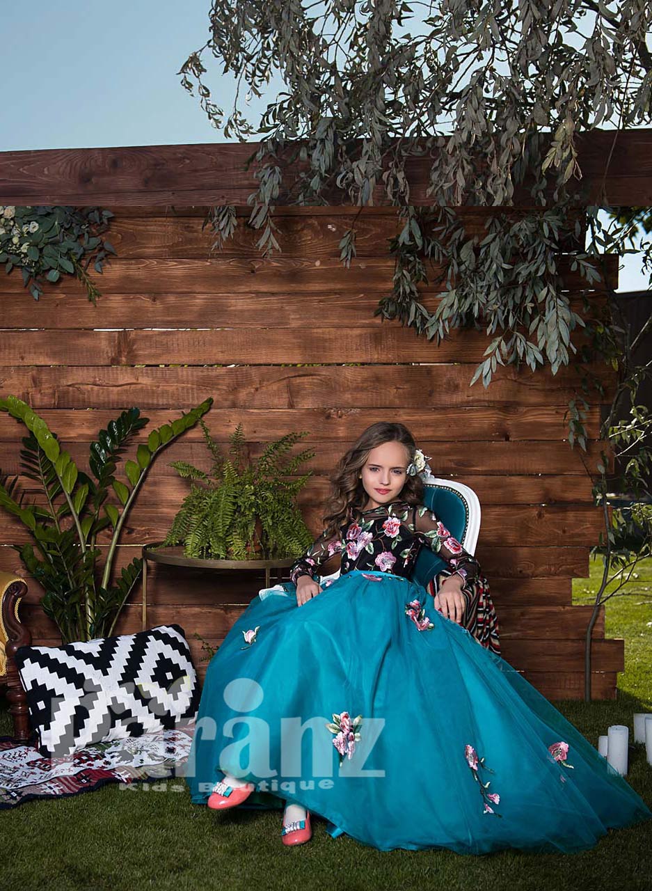 High volume long trail tulle skirt dress with flower appliquéd full ...