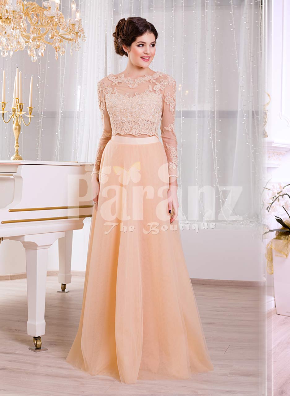 Women’s truly glam evening gown with long peachy orange tulle skirt and ...