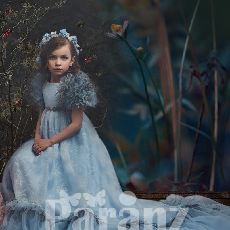 Long raffle trail tulle skirt self-printed dress with raffle sleeve